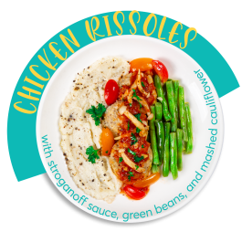 Chicken Rissoles with Stroganoff Sauce, Green Beans and Mashed ...